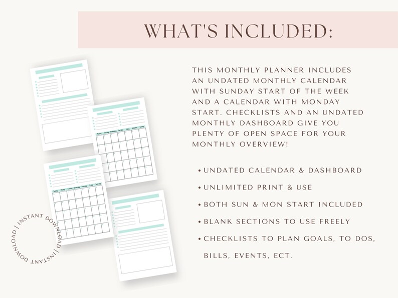 Undated Monthly Calendar & Dashboard Printable Planner Template ...