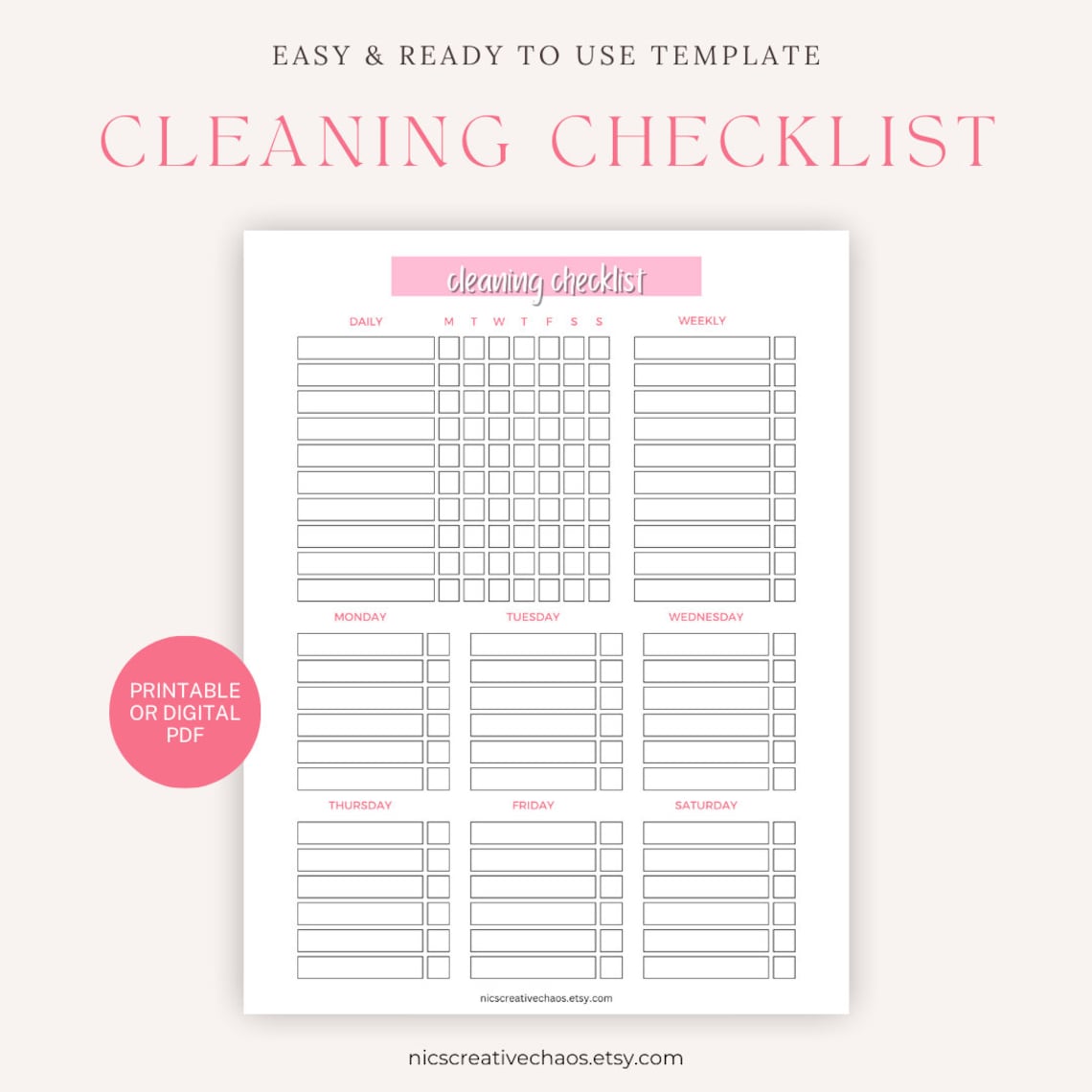 Printable Daily Cleaning Checklist Template, Blank Cleaning Checklist ...
