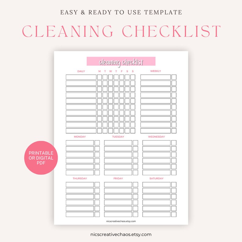 Printable Daily Cleaning Checklist Template, Blank Cleaning Checklist, Weekly Chores Chart ...