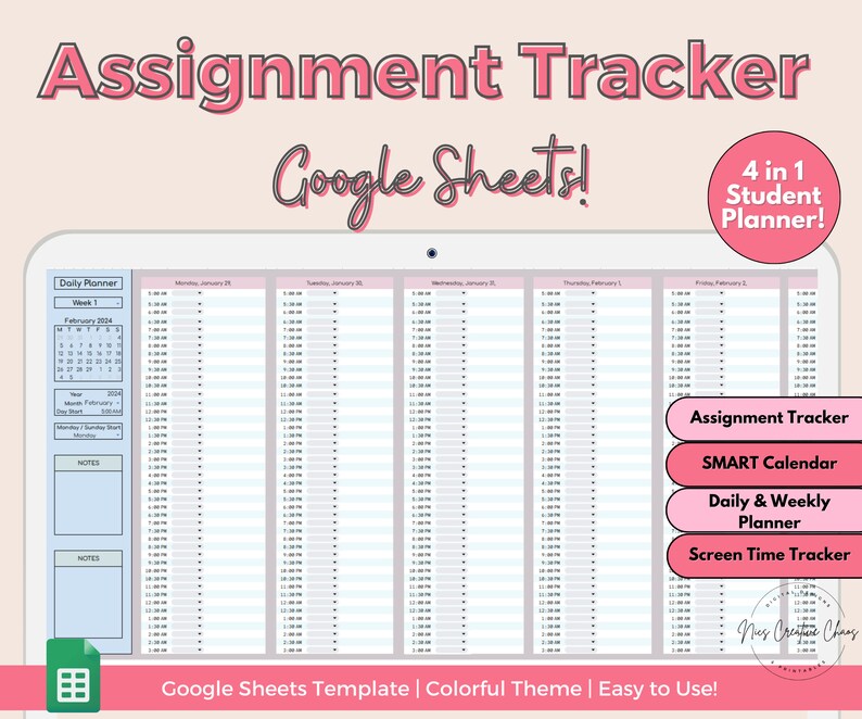 Google Sheets Assignment Tracker Spreadsheet, Track College Assignments ...