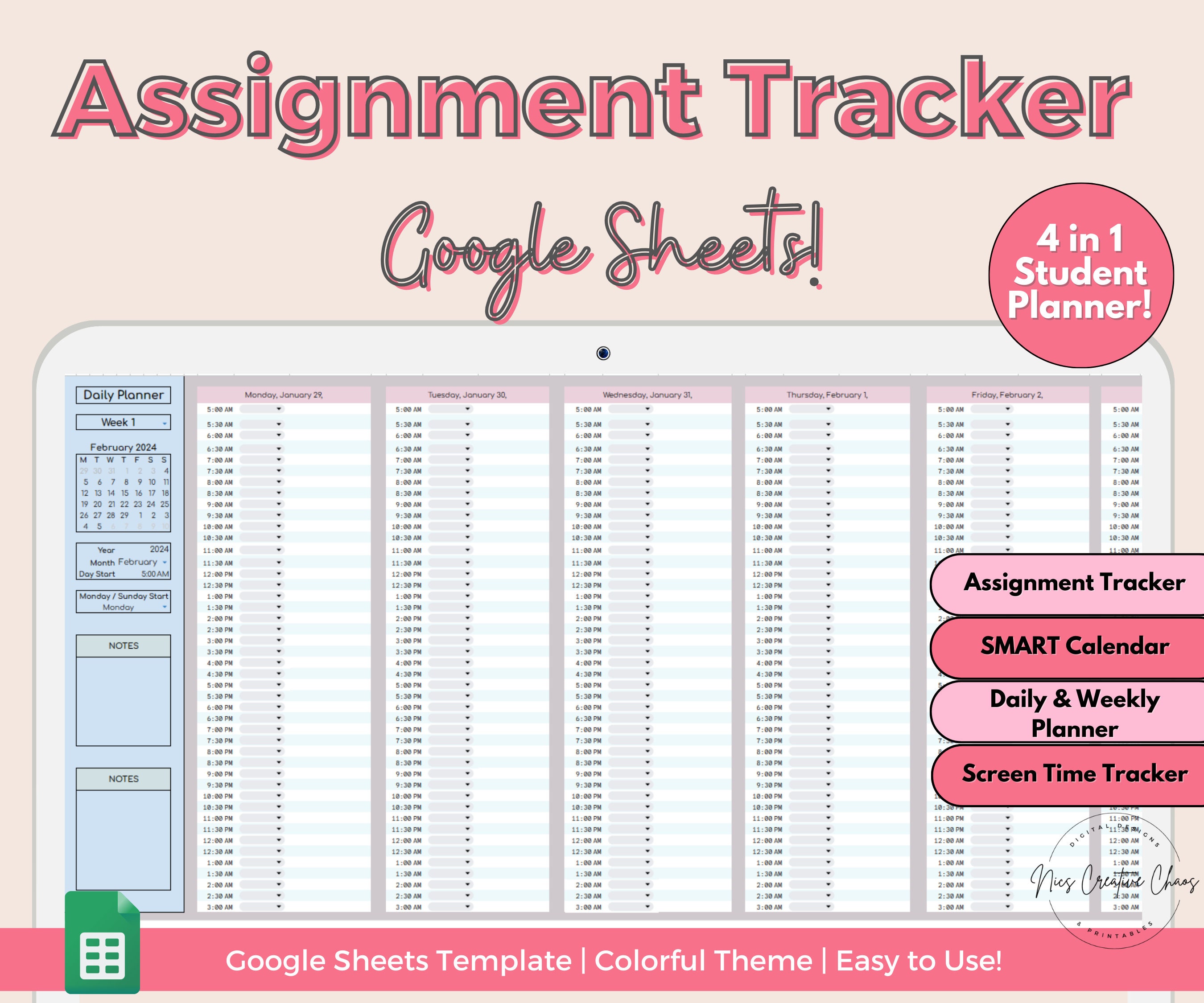Google Sheets Assignment Tracker Spreadsheet, Track College Assignments ...