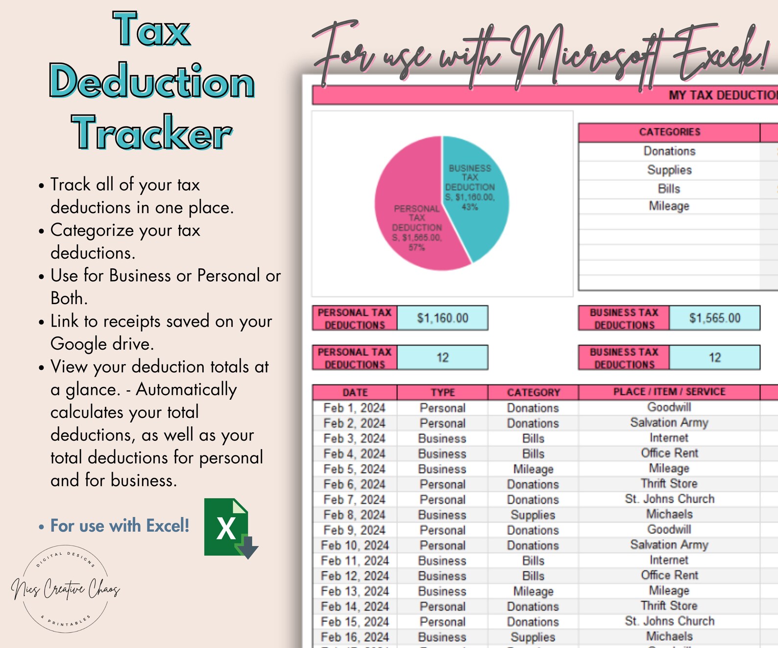 Tax Deduction Tracker Excel Spreadsheet, Small Business Tax Deductions ...
