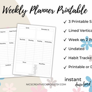 Weekly Planner Printable, Vertical Lined Undated Planner, Week on Two ...
