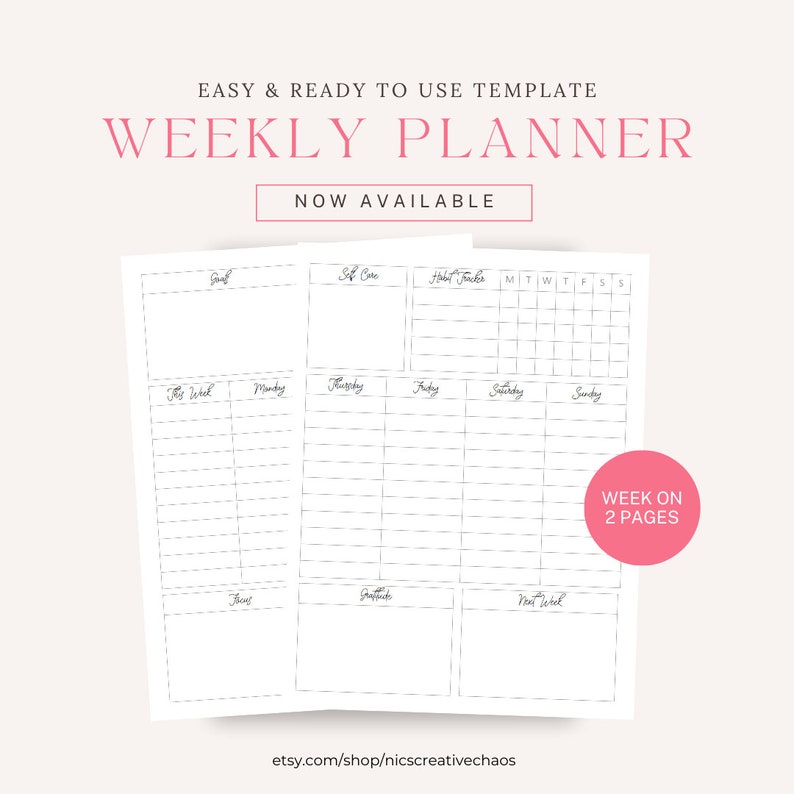 Weekly Vertical Planner Printable Week on 2 Pages Simple Black & White ...