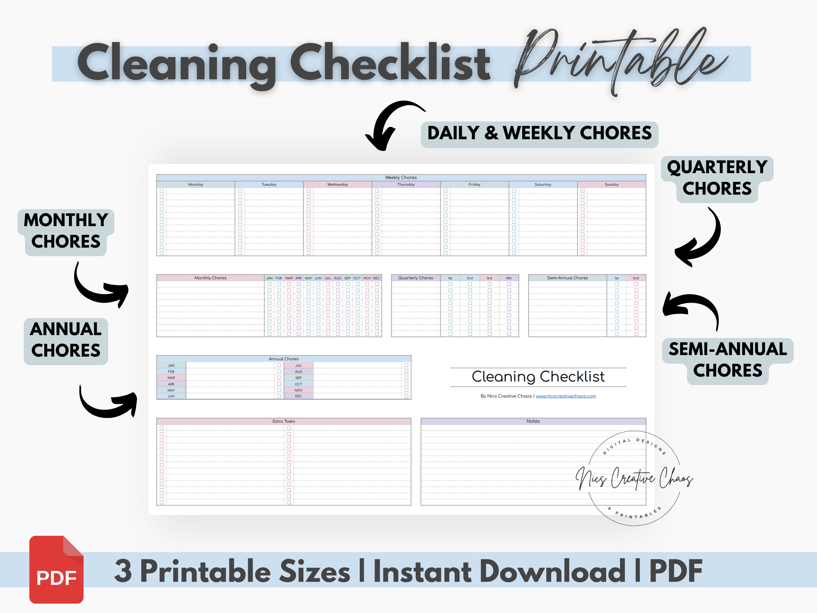 Cleaning Checklist Printable, Prefilled and Blank Weekly Cleaning Chart ...