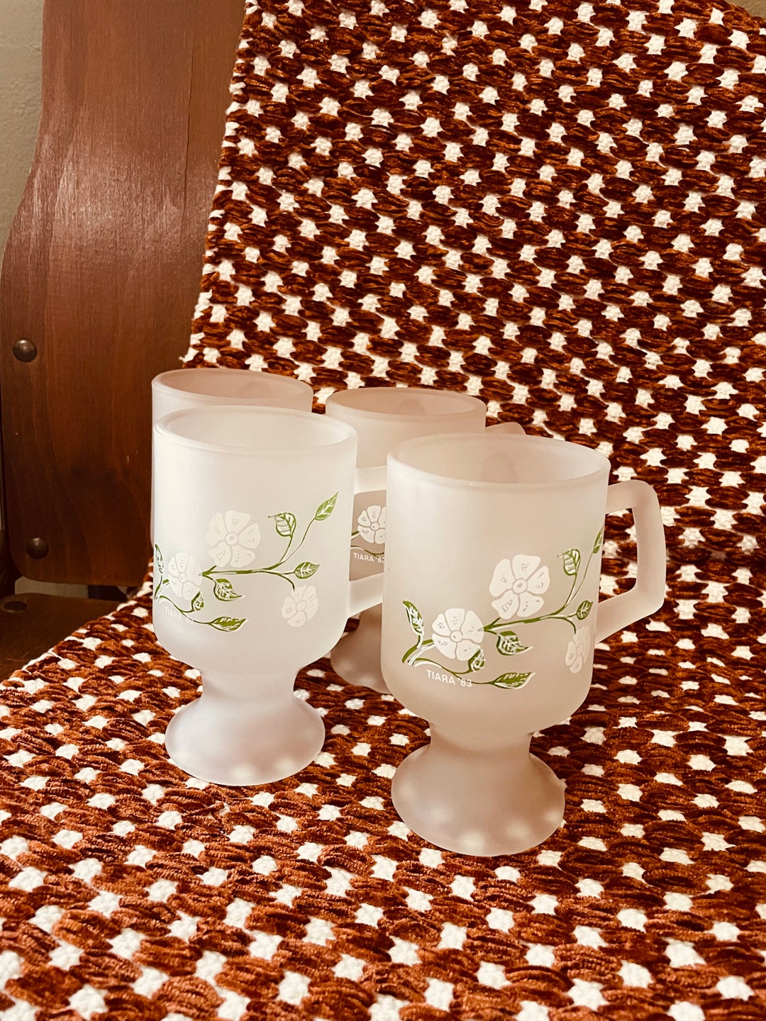 Vintage Tiara Frosted Glass Floral Mugs - Set of 4 - Etsy