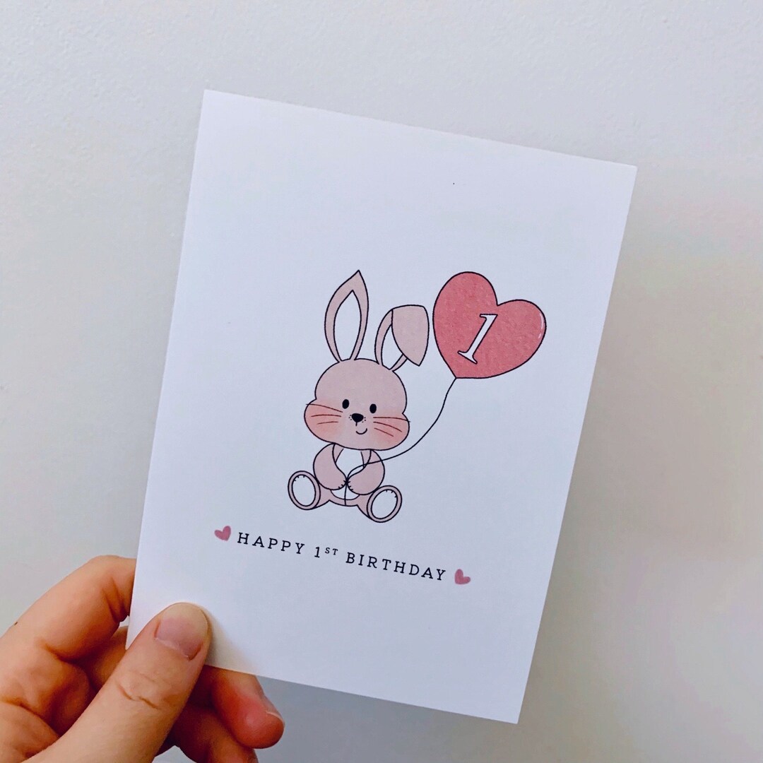 Happy First Birthday Card, Baby Greeting Card | Pink Bunny Birthday ...