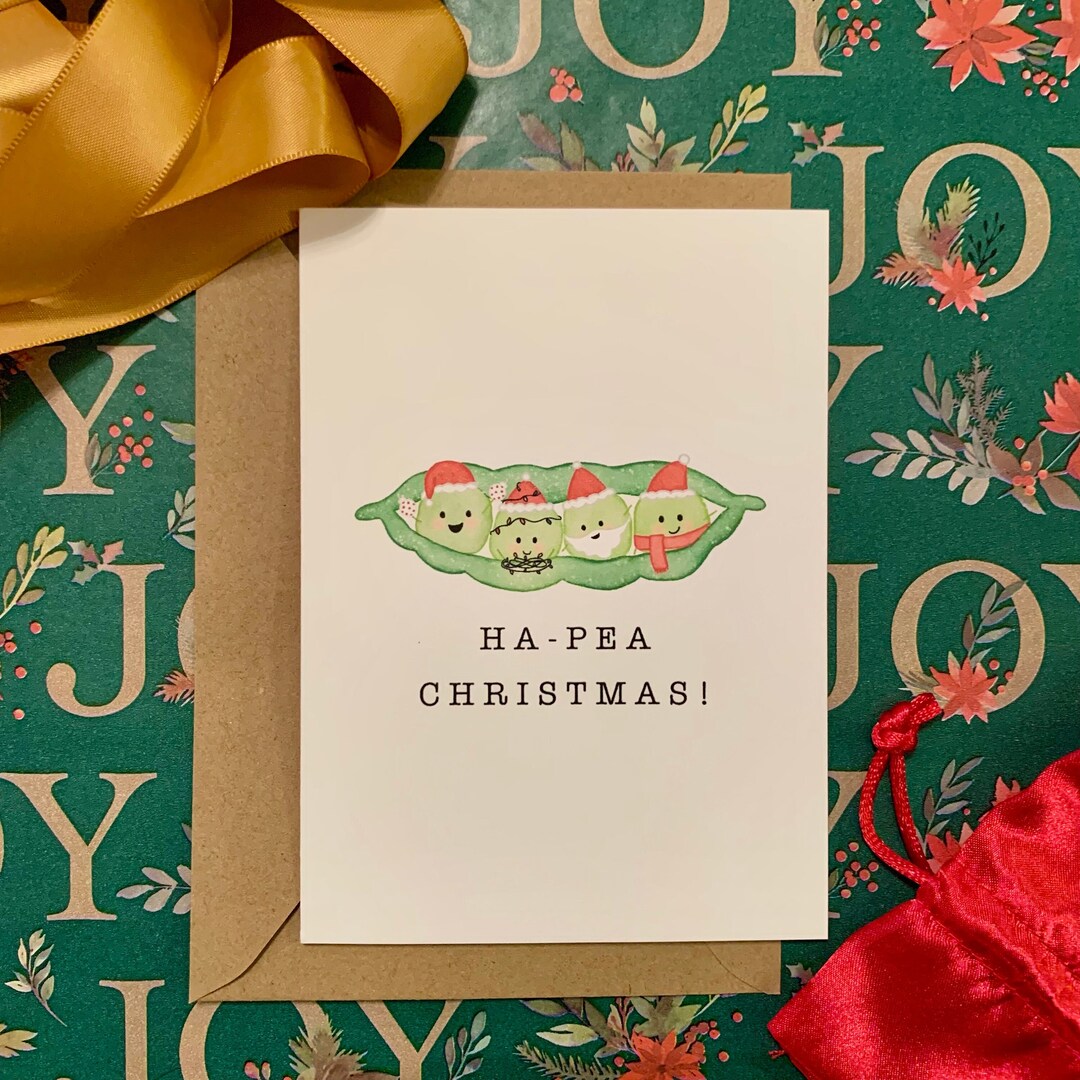 Punny Christmas Card: Ha-pea Holiday Greeting With Envelope & Stickers ...