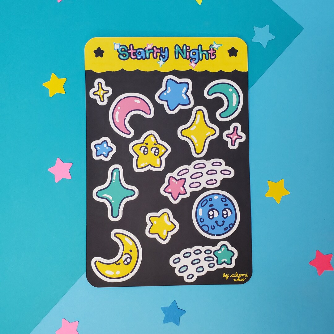 Starry Night, Cute, Sticker Sheet, 4x6inches, by Akemi Who - Etsy