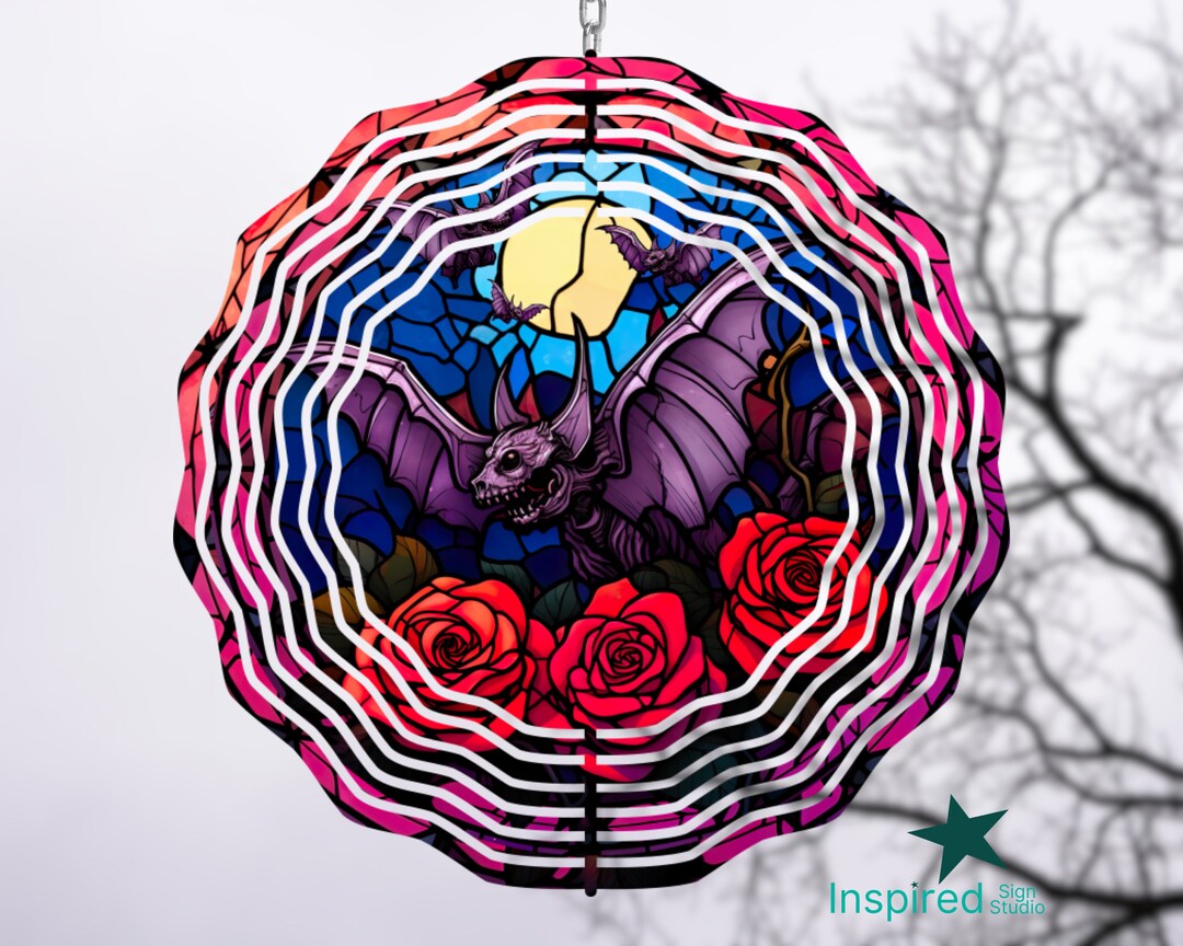 Scary Bat Wind Spinner for Halloween, Stained Glass Bats PNG With Roses ...