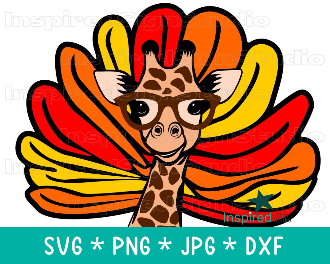 Giraffe Turkey Tail SVG, Thanksgiving Giraffe With Colorful Feathers ...