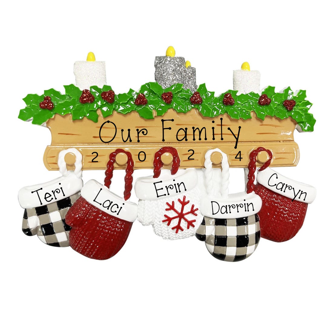 Family of 5 Mitten Personalized Christmas Ornament ~ 5 Mittens Hanging ...