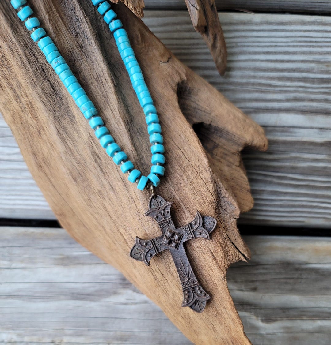 Genuine Turquoise Rustic Pewter Cross Necklace for Men or Women ...