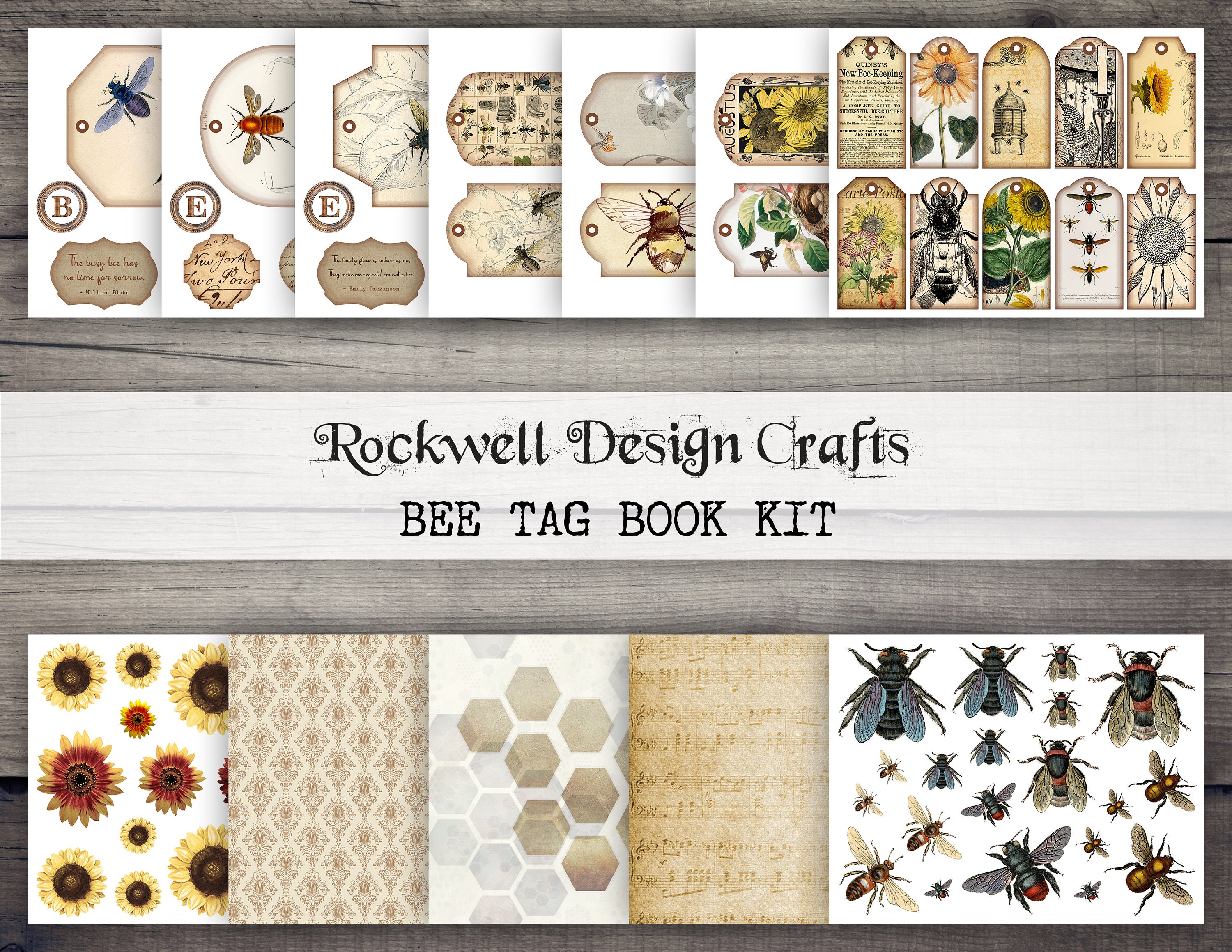 Bee Tag Book Kit printables Vintage Junk Journal, Ephemera, Elements ...
