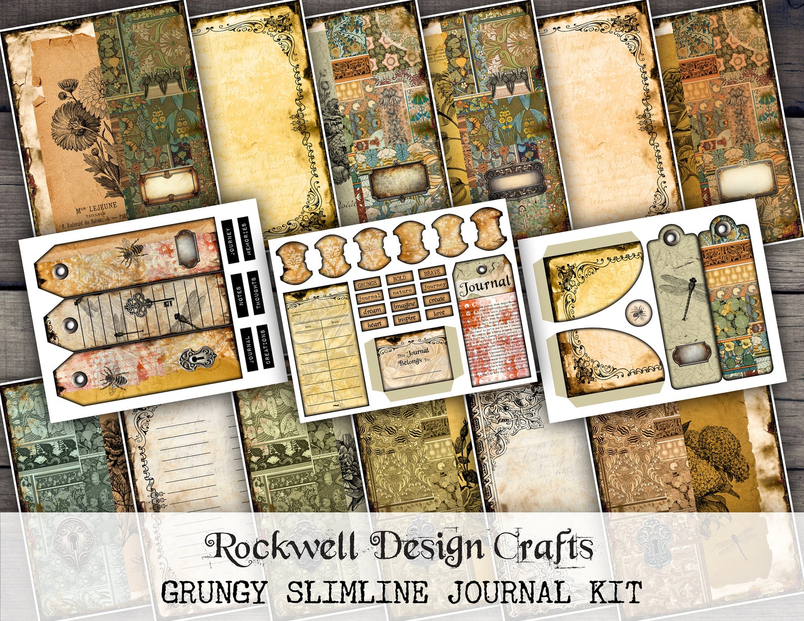 Grungy Slimline Journal Kit (digital Papers, Junk Journal Printables ...