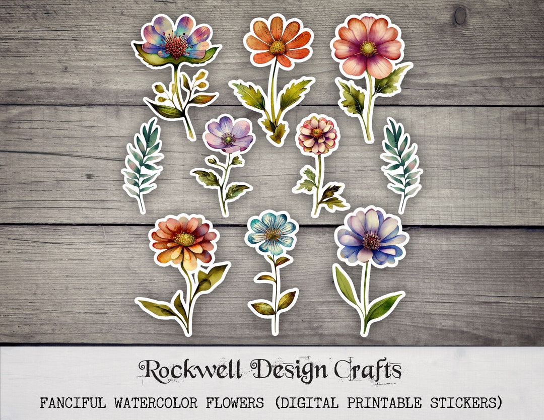Fanciful Watercolor Flowers Digital Printable Stickers for - Etsy