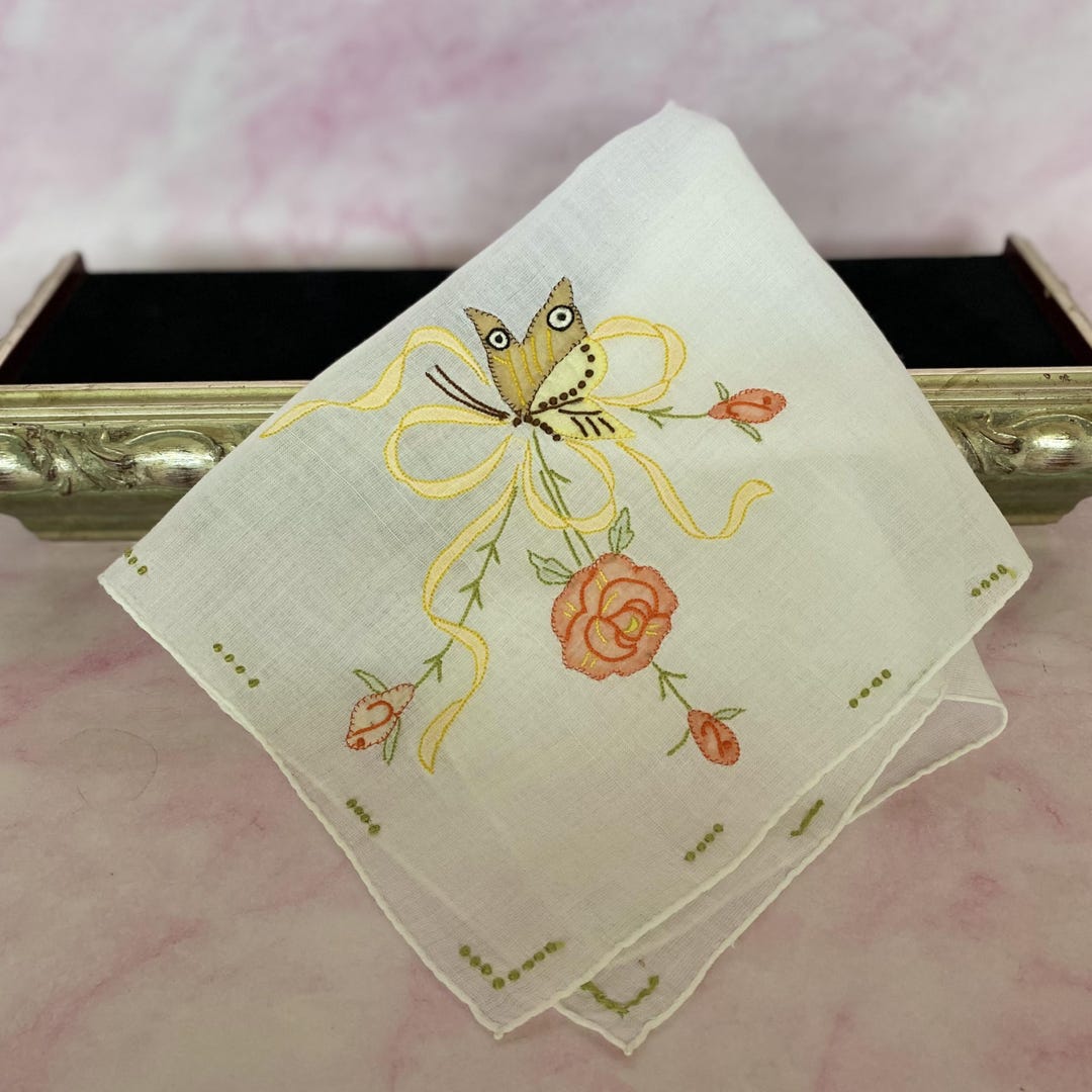 Vintage White Embroidered Butterfly Floral Hankie Handkerchief, Mid ...