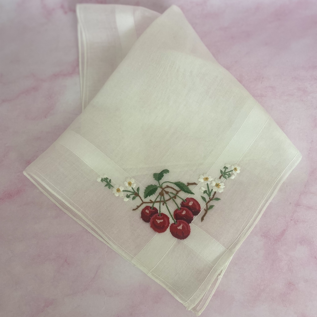 Vintage Collectible Ivory White Sheer Handkerchief Embroidered Cherries ...