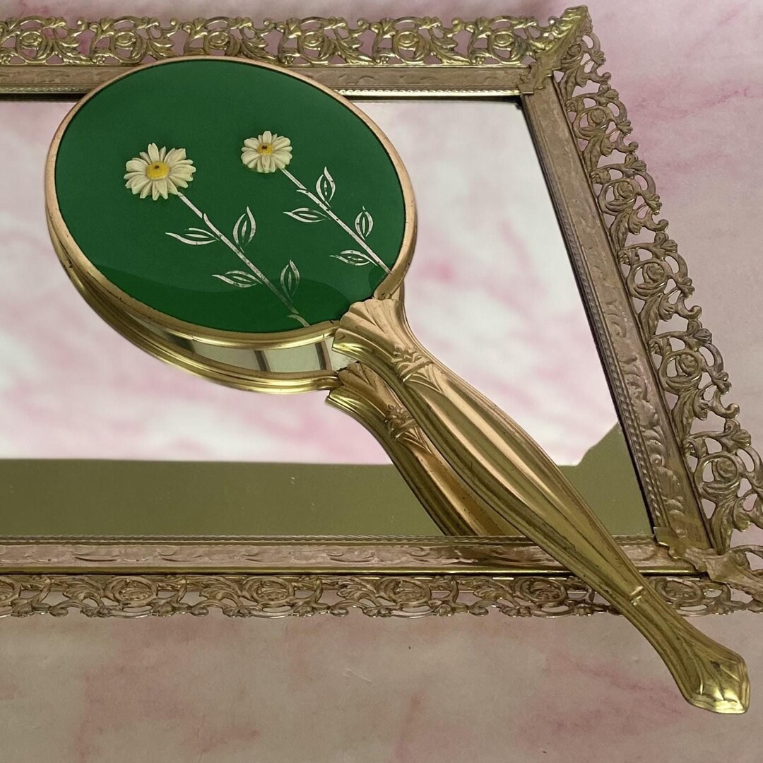 Vintage MCM Style Oval Hand Held Vanity Mirror, Applied Flowers Gold ...