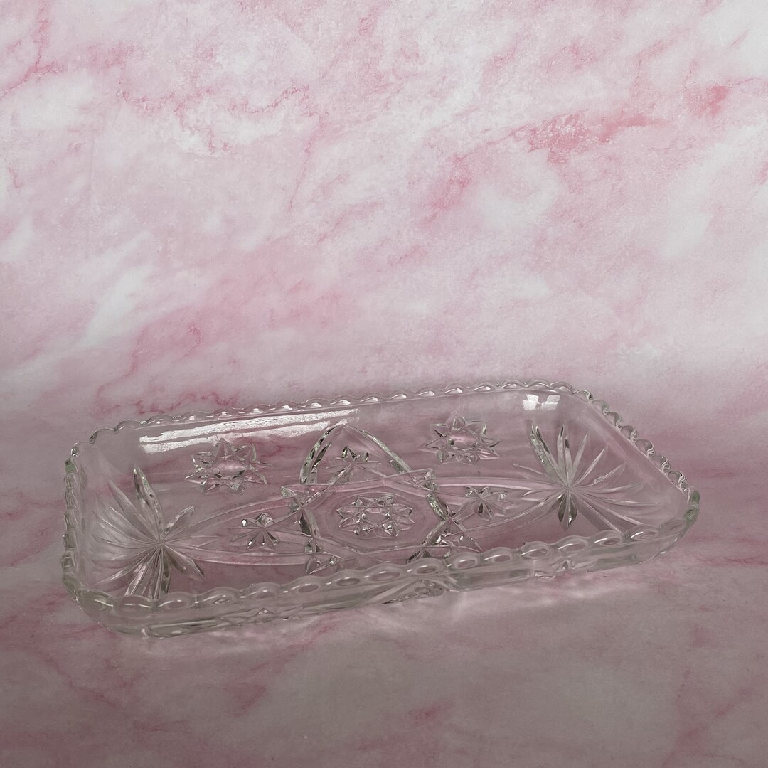 Vintage Clear Prescut Glass Serving Tray, Star of David Fan Pattern MCM ...