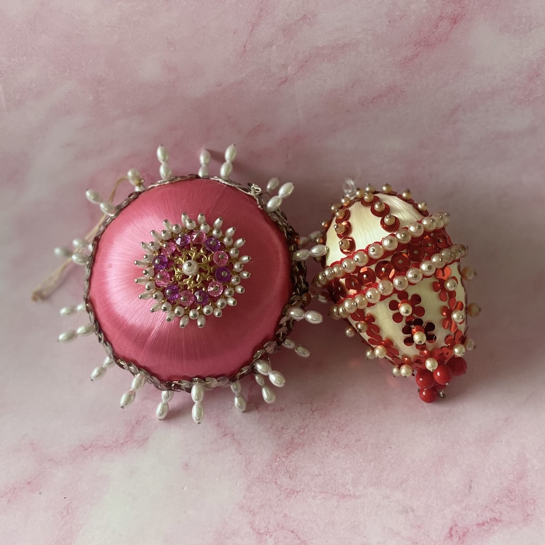 Vintage Satin Pearl and Sequin Push Pin Christmas Ornaments, Victorian ...