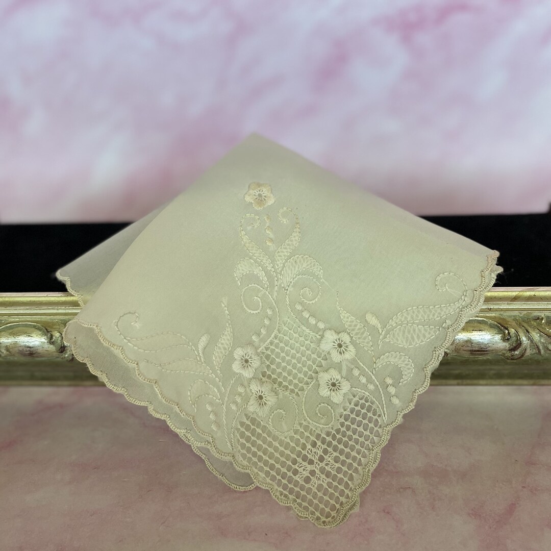 Vintage Sheer off White Embroidered Cut Work Handkerchief, Heirloom ...