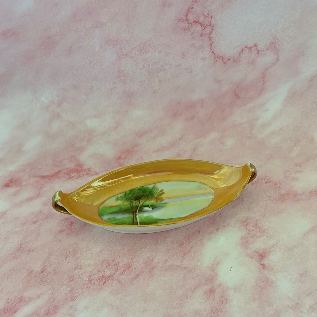 Vintage Hand Painted Scenic Lusterware Dish With Swan, Porcelain Gold ...