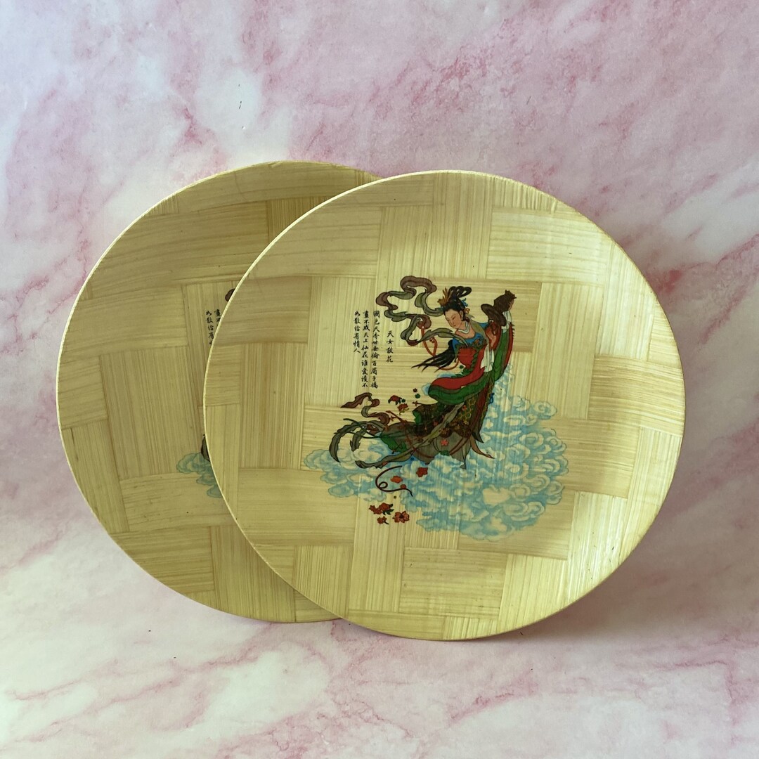 Vintage Chinese Decorative Bamboo Plate, Hand Painted, Set of Two - Etsy