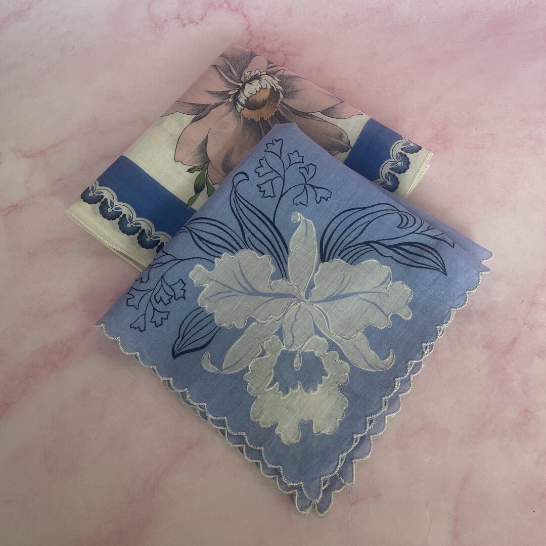 Vintage Mid-century Cotton Handkerchiefs, Lot of Two, Applique Floral ...