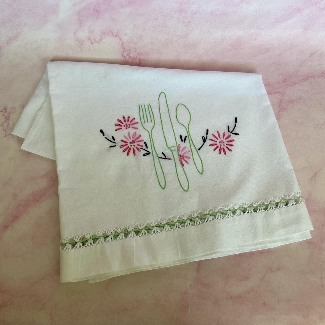 Vintage Cotton Hand Embroidered Kitchen Dining, Fork, Knife, Spoon ...