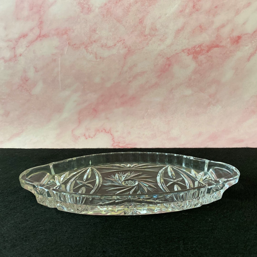 Vintage Crystal Clear Etched & Cut Glass Oval MCM Tray, Glass Vanity ...