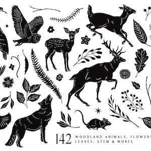 Woodland Animals Vector Clipart, Linocut SVG Illustrations - Etsy