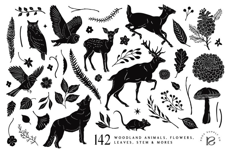 Woodland Animals Vector Clipart, Linocut SVG Illustrations - Etsy