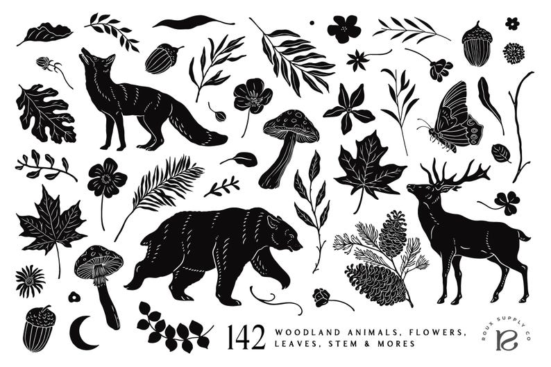 Woodland Animals Vector Clipart, Linocut SVG Illustrations - Etsy