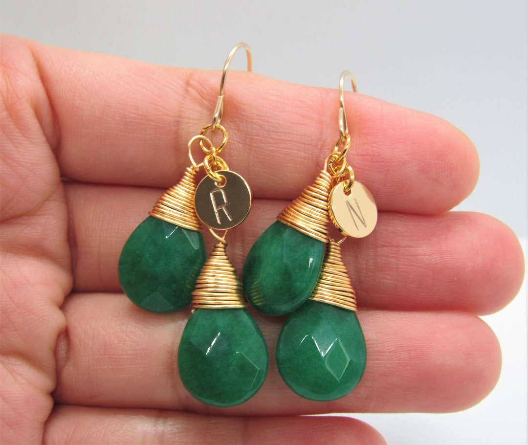 Emerald Green Beryl Earrings, Initial Jewelry Custom Earrings, Dangle ...