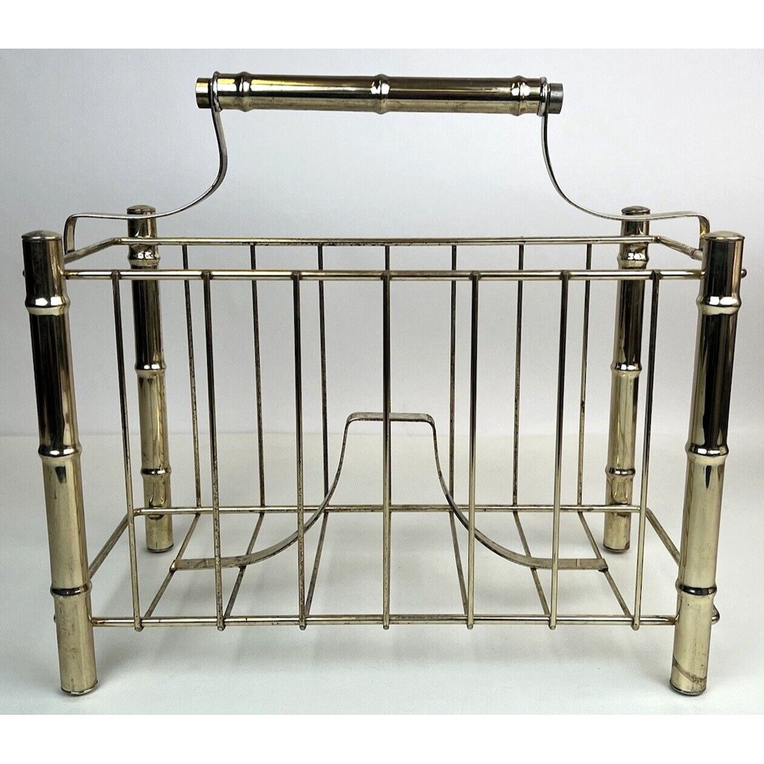 MCM Brass Tone Gold Metal Bamboo Magazine Rack Record Book Holder 16x10 ...