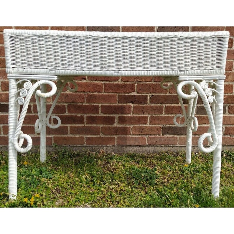 White Wicker Rattan Vanity Desk Hall Accent Table Boho Shabby Chic ...