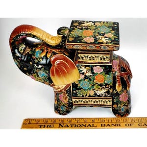 Ceramic Satsuma Moriage Elephant Stand Statue 13" Trunk up Chinoiserie ...