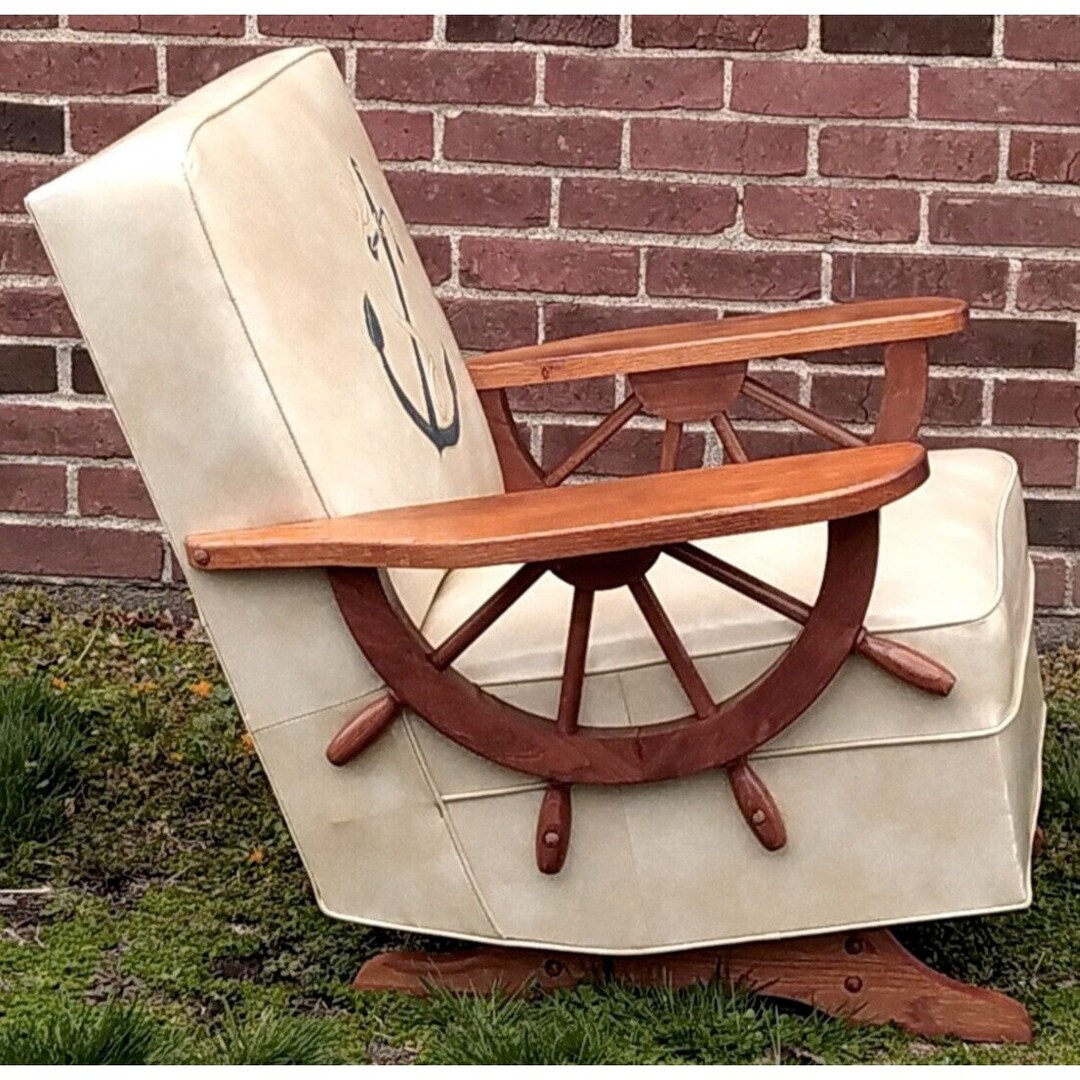 1958 Nautical Ships Wheel Vinyl Upholstered Ranch Style Platform Rocker ...