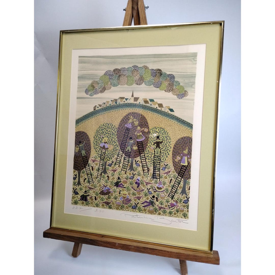 60s Patricia Barton Signed Litho Village Apple Harvest Folk Art 22x29 ...