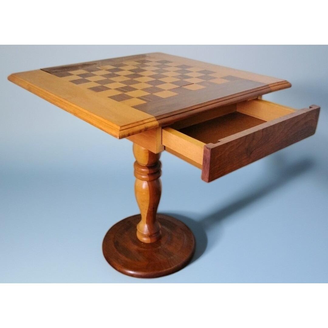 Maple/walnut Inlaid Chess Checkers Board Game Table Drawers 25" Turned ...