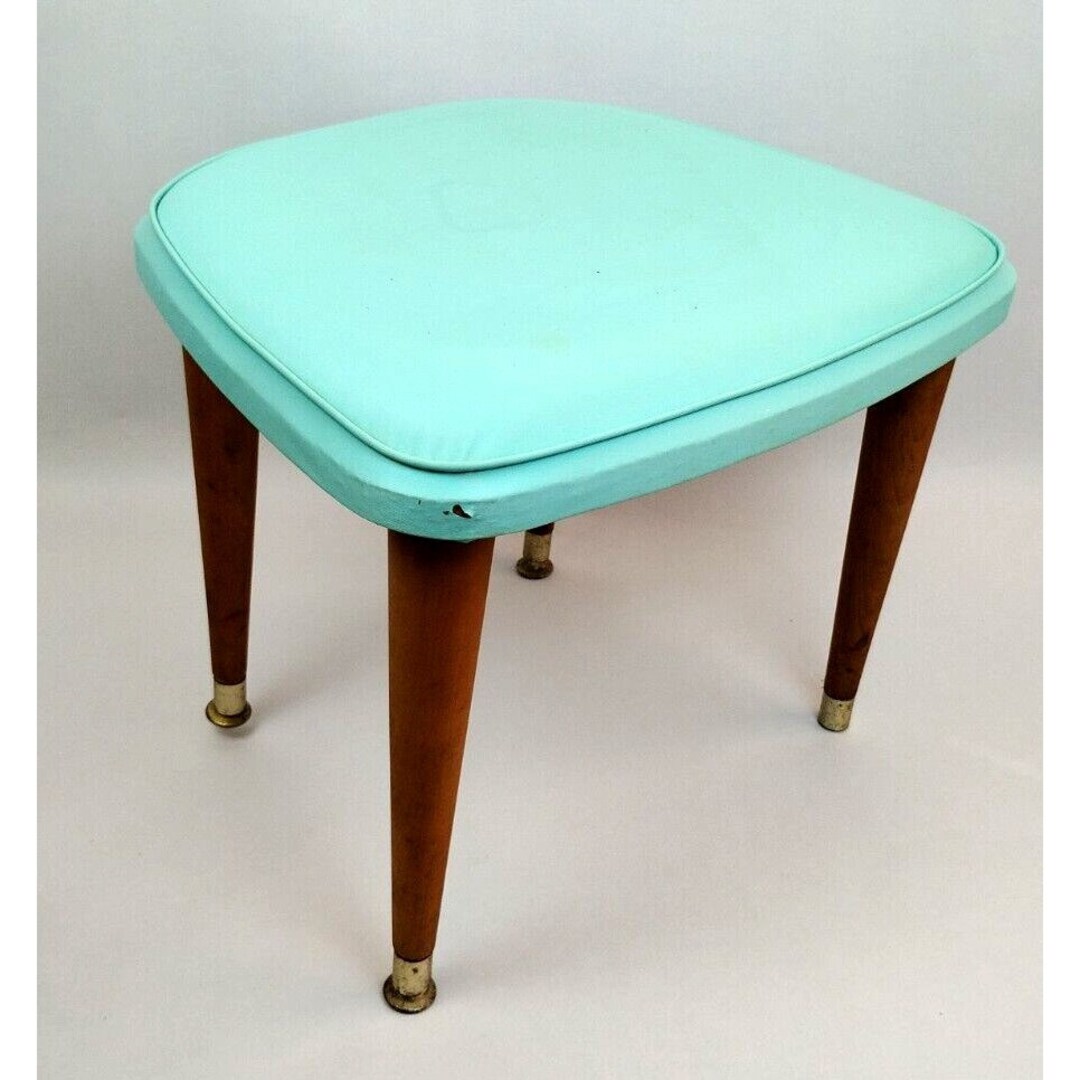 1963 Daystrom Atomic MCM Aqua Blue Vinyl Foot Stool 14" Tapered Peg Leg ...