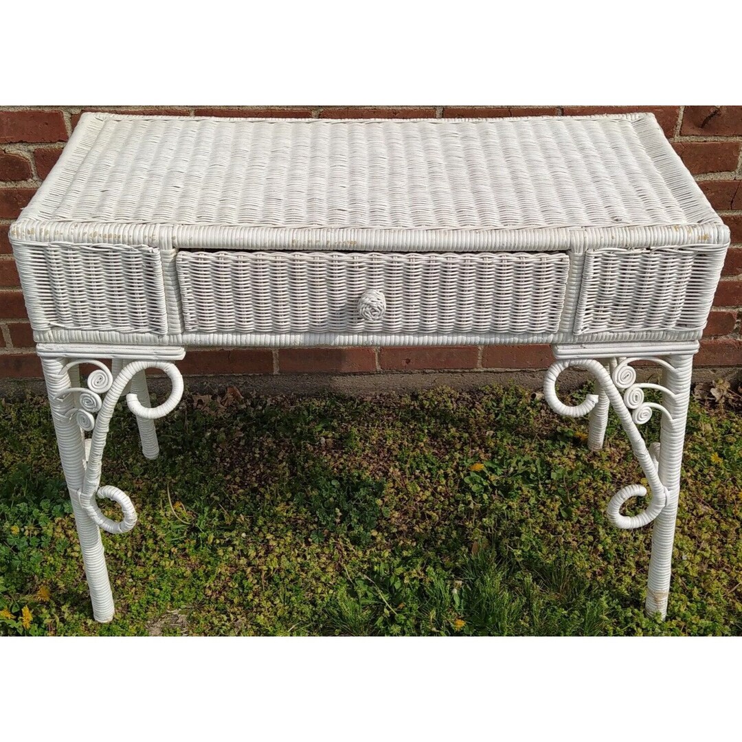 White Wicker Rattan Vanity Desk Hall Accent Table Boho Shabby Chic ...