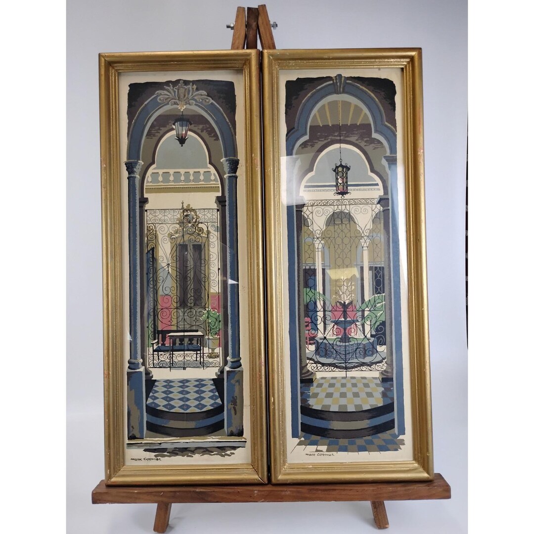 Mark Coomer Spanish Courtyard Fountain Doorway Serigraph Pair MCM 28 ...