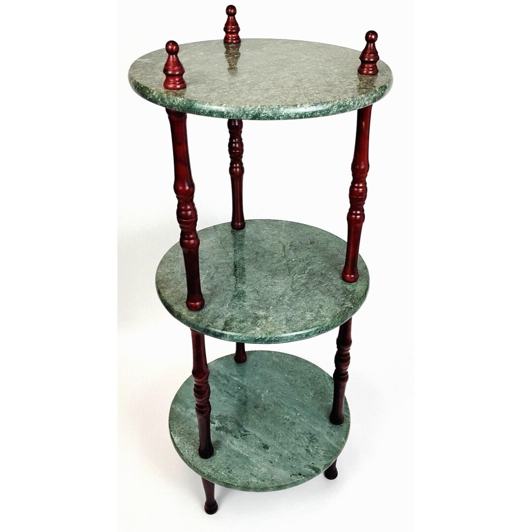 3 Tier Green Marble Round Plant Stand 28 Tall Wooden Spindle Columns ...