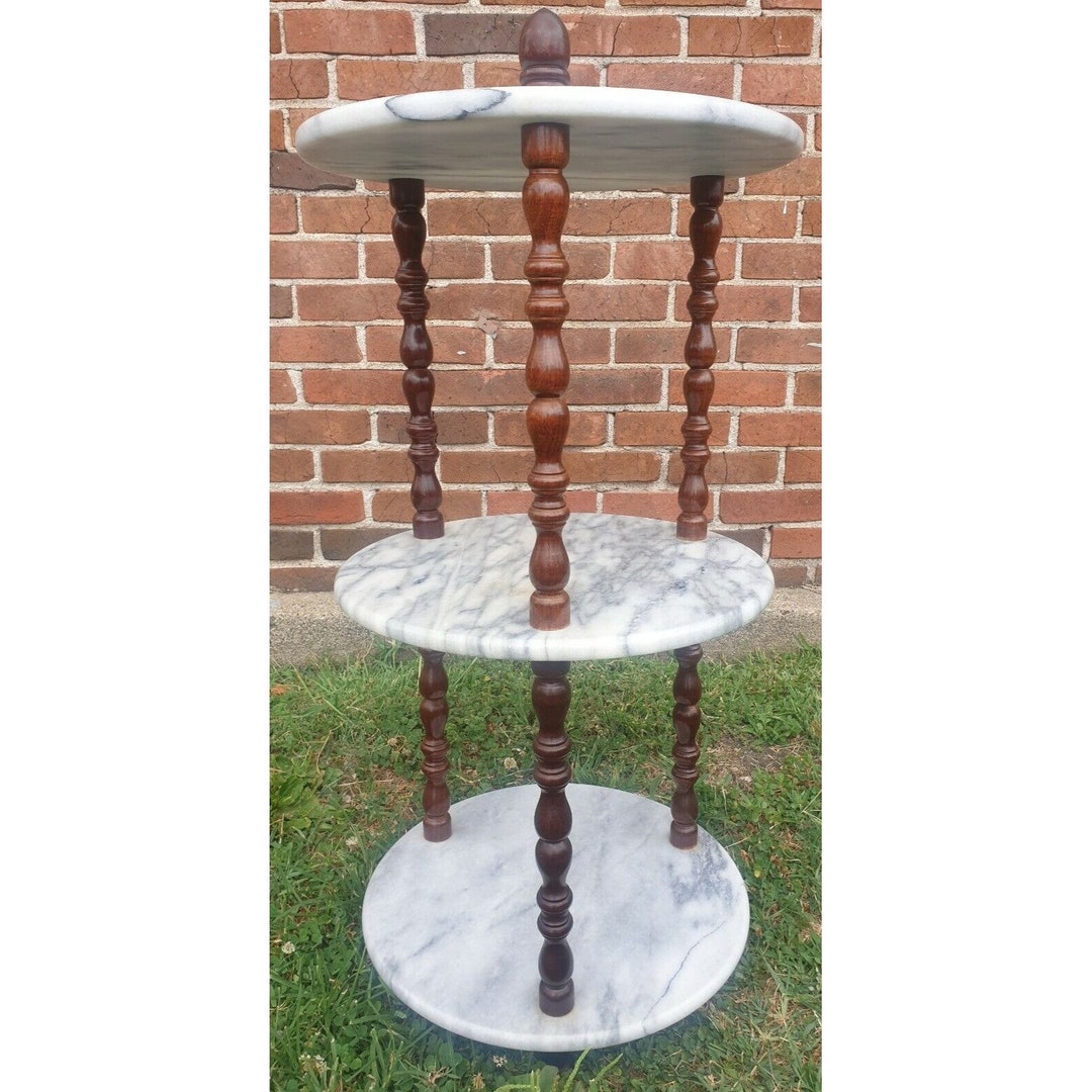 Vintage 3 Tier Round Marble Plant Stand Wooden Spindle Columns 32"tx16 ...
