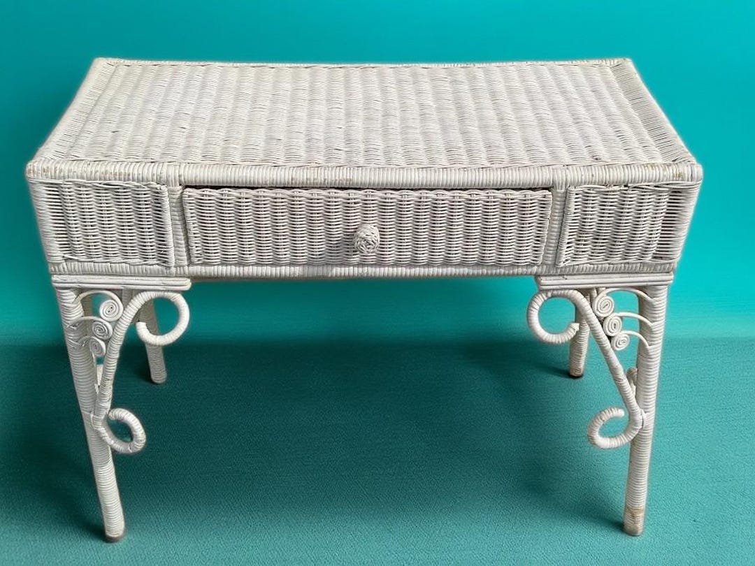 White Wicker Rattan Vanity Desk Hall Accent Table Boho Shabby Chic ...