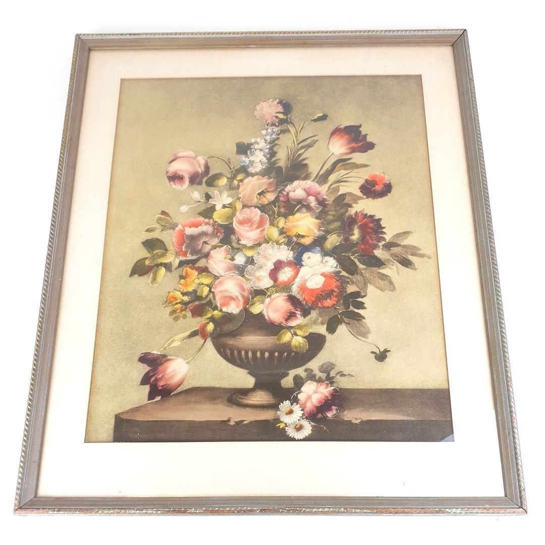 Vintage Flower Bouquet in Urn Lithograph Print Still Life 25x21" Framed ...