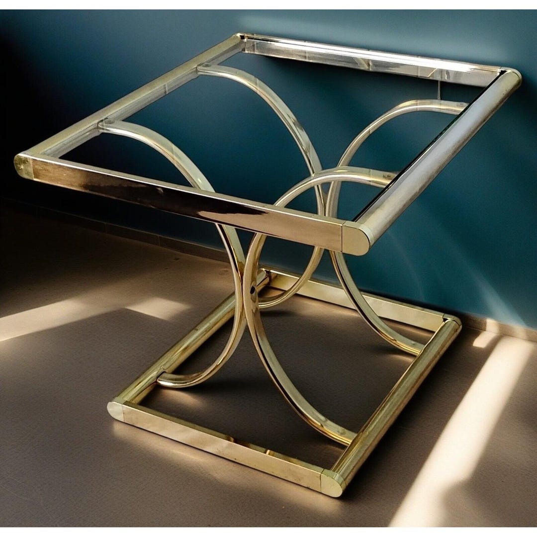 1960s Hollywood Regency Gold Tone Brass & Glass End Side Table W/bent ...