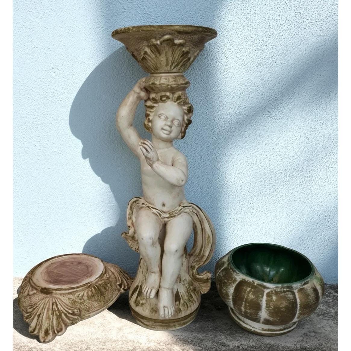 1960s Grecian Cherub Bird Bath Planter on Pedestal 24” T Statue ...